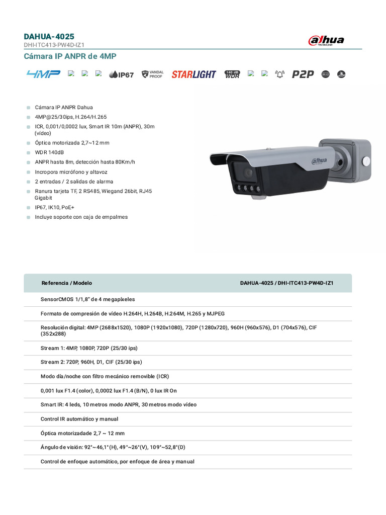Cámara IP ANPR Dahua 4MP WDR 140dB | PDF | Telecomunicaciones | Redes de computadoras