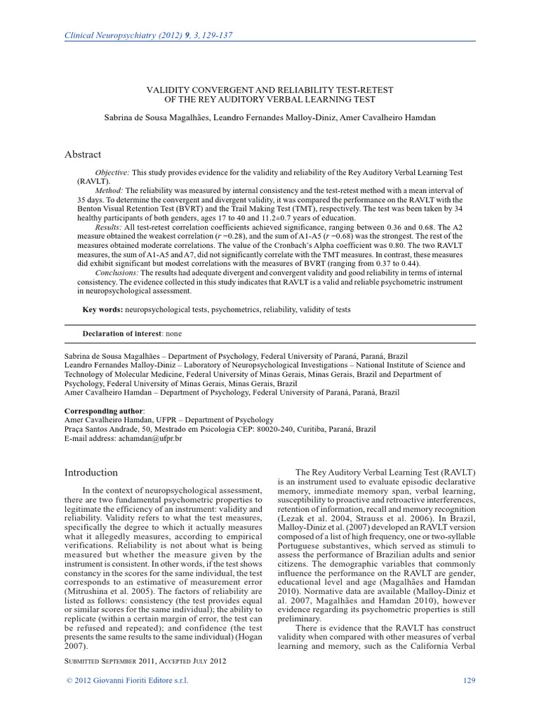 RAVLT Validity and Reliability Study | PDF | Validity (Statistics) | Psychometrics