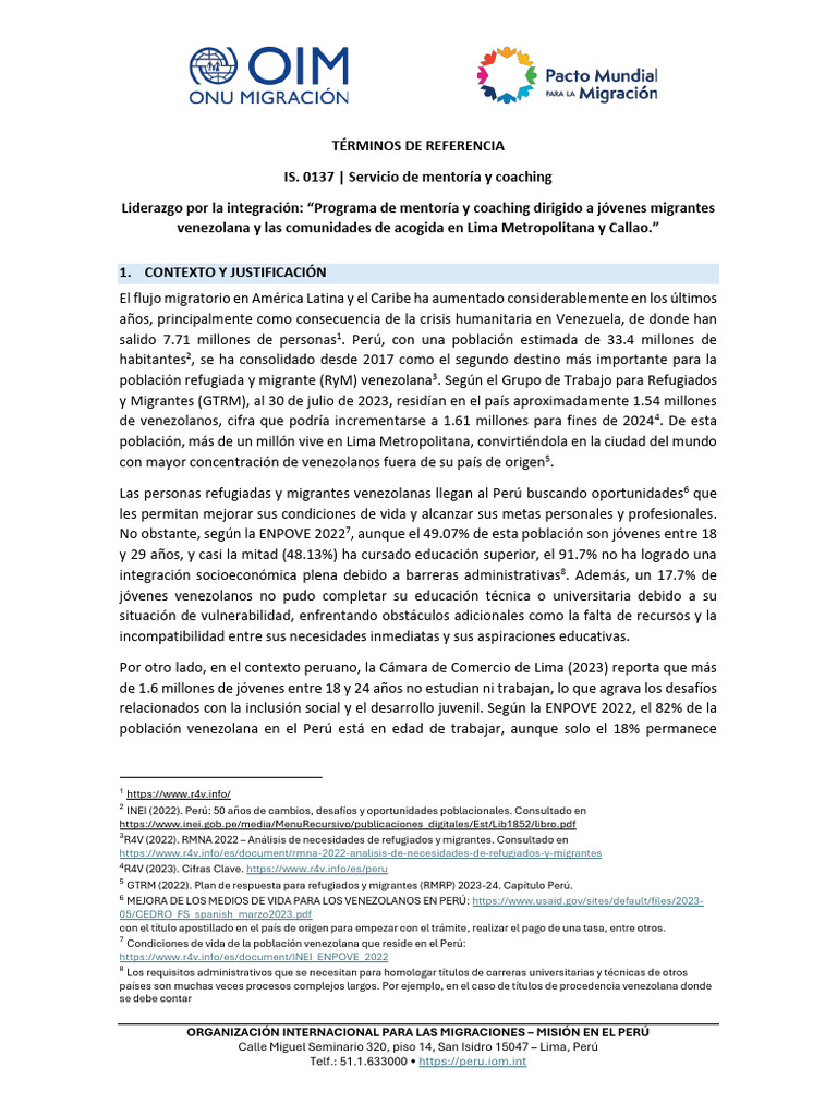 TDR - Pr. de Liderazgo Jóvenes | PDF | Perú | Migración humana