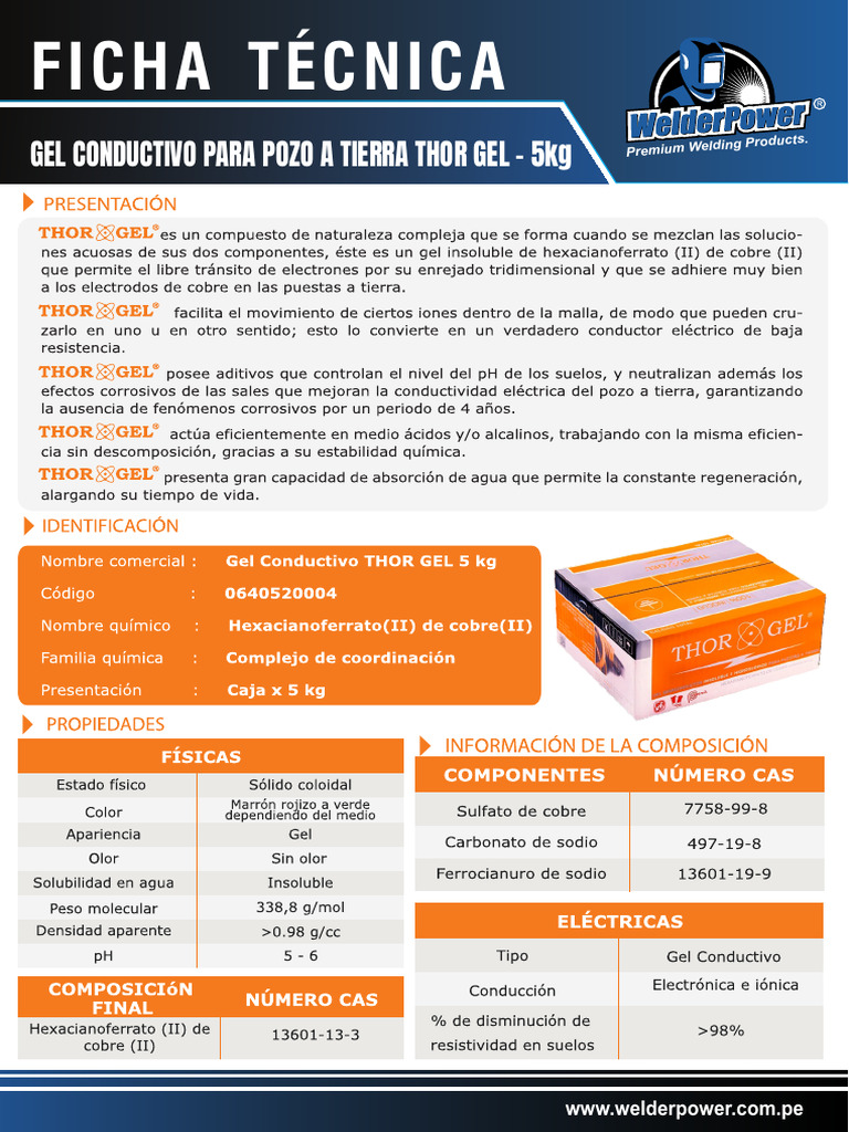FICHA TECNICA GEL CONDUCTIVO PARA POZO A TIERRA THOR GEL 5kg | PDF
