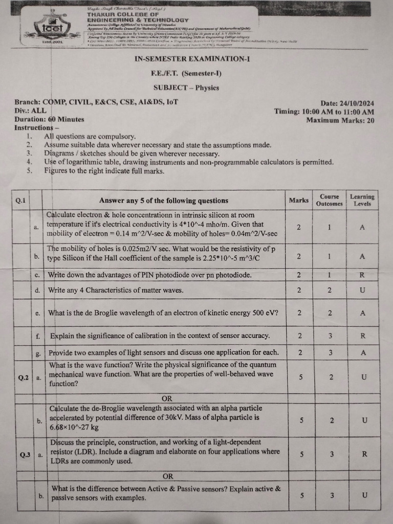 G1 - Ise 1 Odd Sem (2024-25) | PDF | Resistor | Electricity