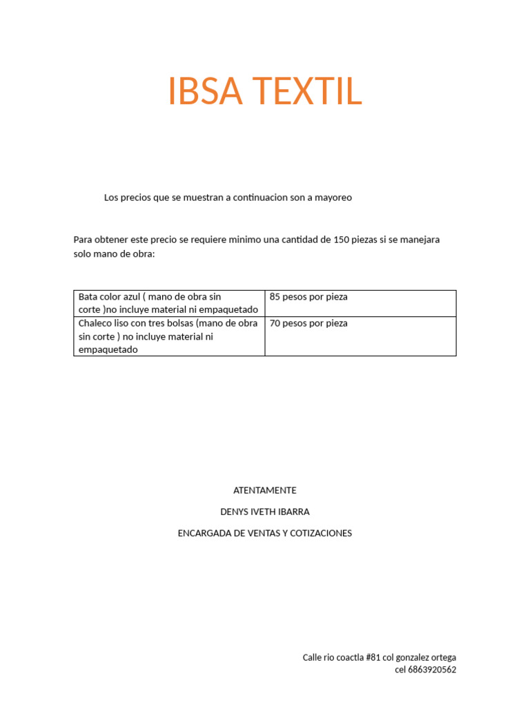 Ibsa Textil Precios Uniformes Cisne | PDF