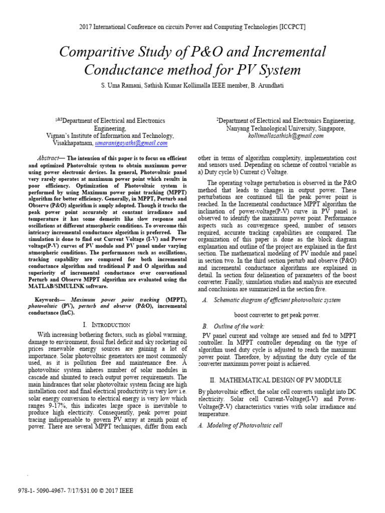 Comparitive Study of PampO and Incremental Conductance Method For PV System | PDF ...