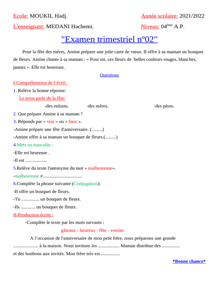 Examen Trimestriel 4ème A.P. 2021/2022 | PDF | Linguistique | Grammaire