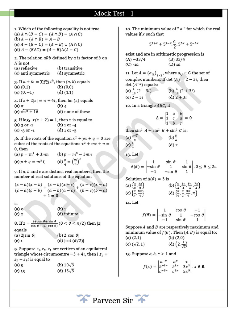 Mock Test 1: Advanced Math Problems | PDF | Mathematical Concepts ...