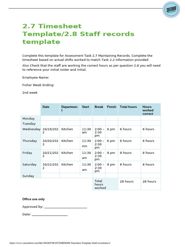 SITXHRM008 Timesheet Template Staff Records | PDF
