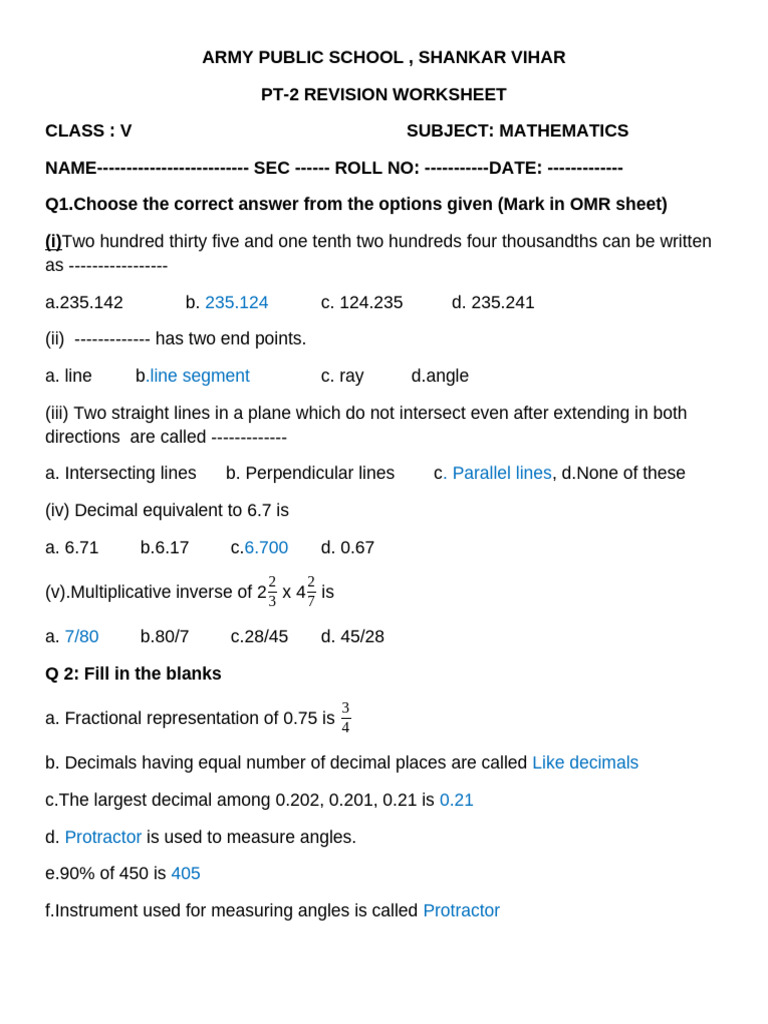 Grade 5 Math Revision Worksheet | PDF | Decimal | Elementary Mathematics