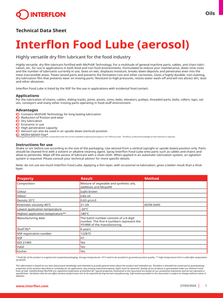 8374 TDS GB en Interflon Food Lube Aerosol | PDF | Lubricant | Materials