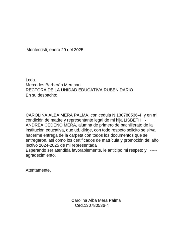 Solicitud de Retiro de Documentos de Lisbeth Andrea Cedeño Mera Año Lectivo 2024-2025 | PDF