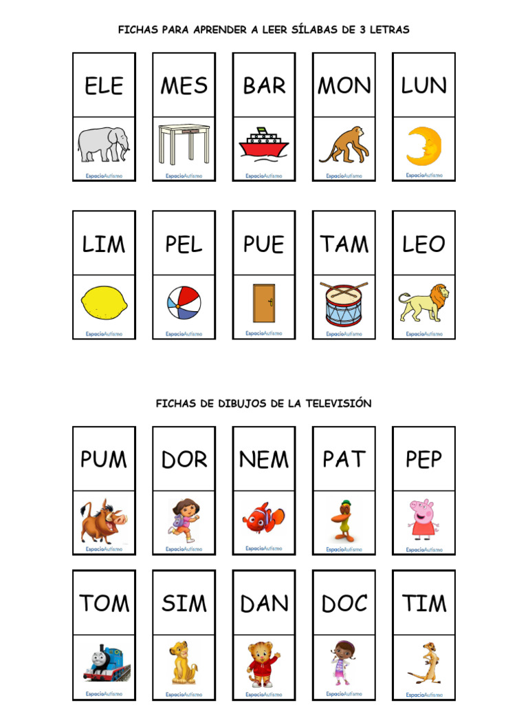 ESPACIO AUTISMO Fichas Para Leer Silabas de 3 Letras | PDF