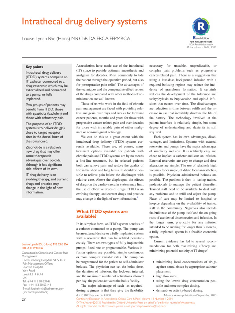Intrathecal Drug Delivery Systems - Cea | PDF | Opioid | Morphine