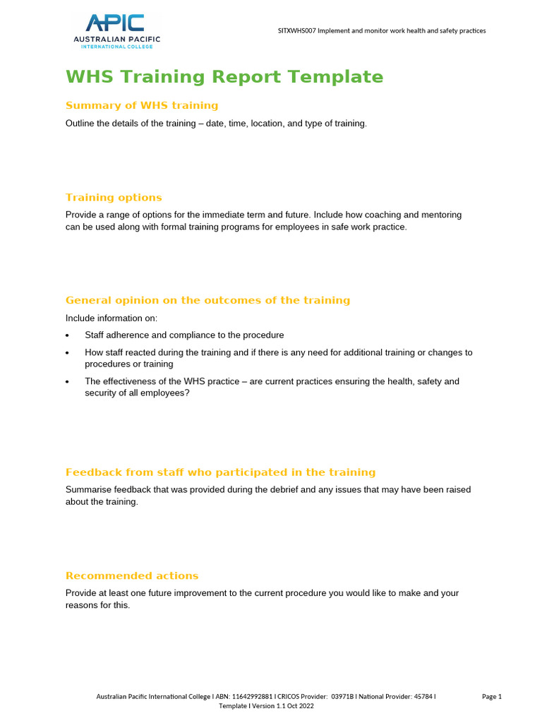 SITXWHS007 WHS Training Report Template | PDF