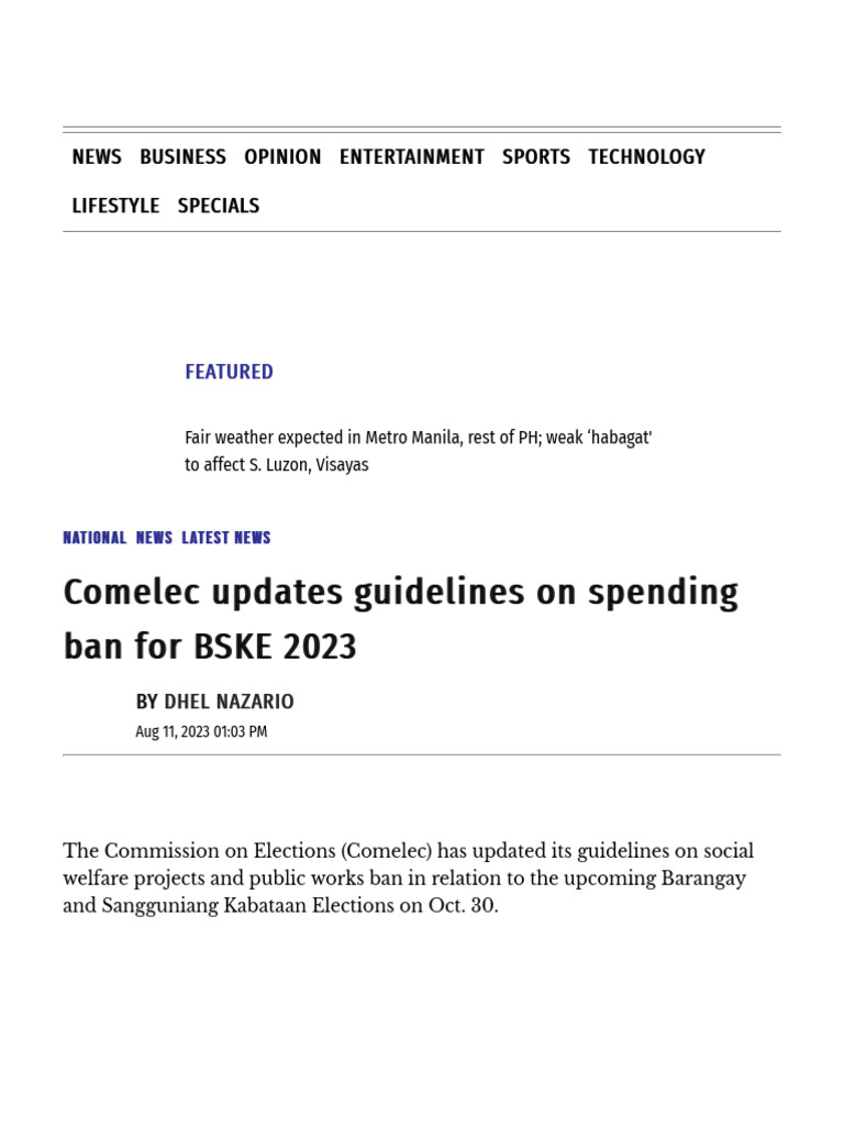 Comelec Updates Guidelines On Spending Ban For BSKE 2023 | PDF | Government