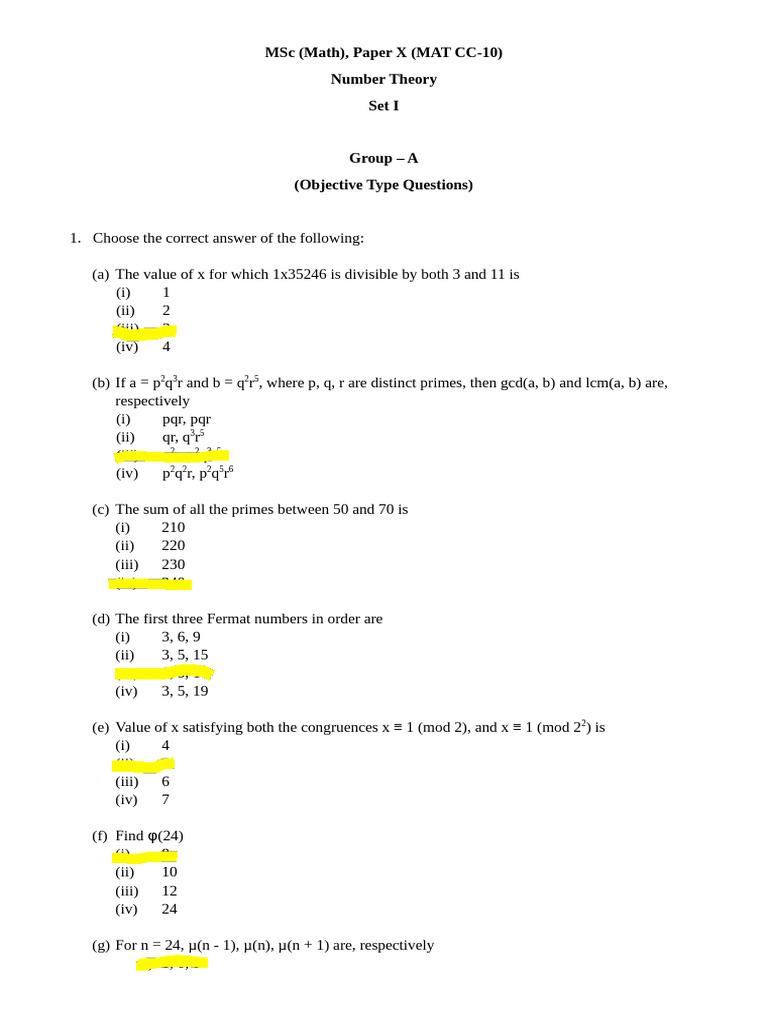 MSC Math Sem 3 Paper 10 Set 1 | PDF | Elementary Mathematics | Number Theory