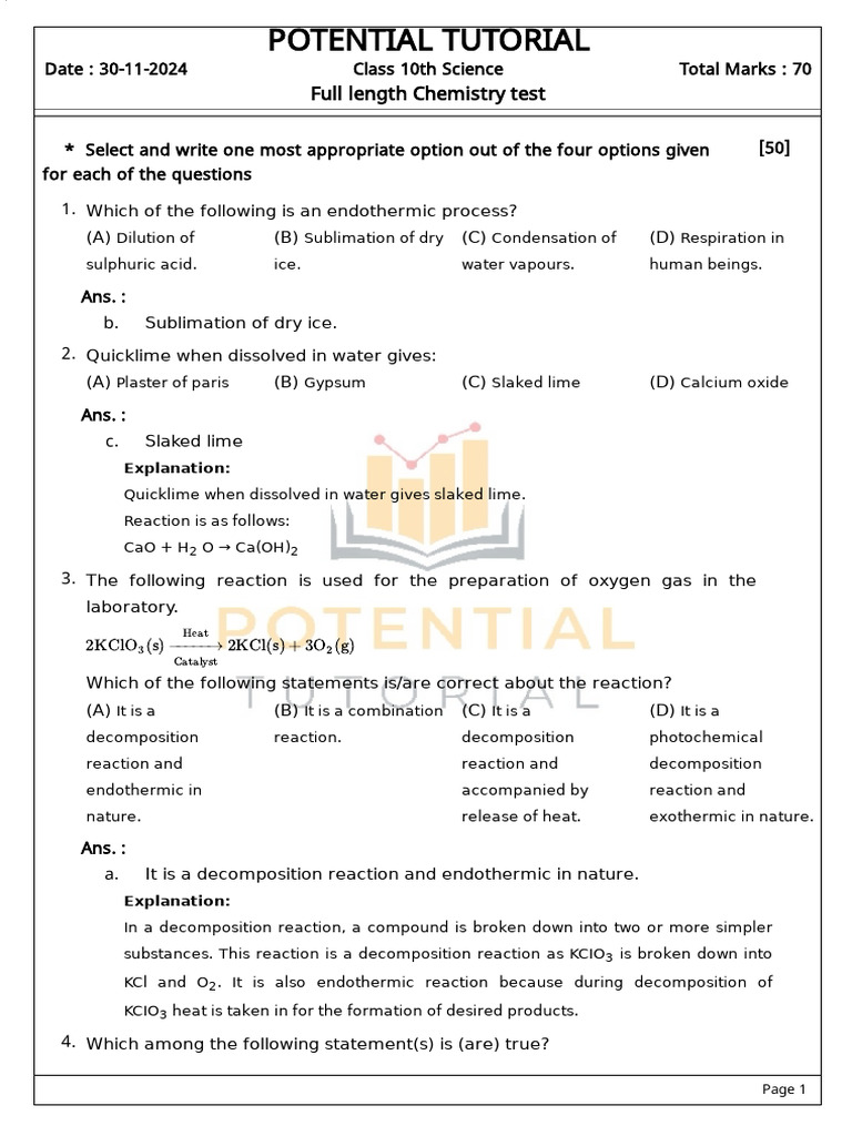 Class 10 Chemistry Test Overview | PDF | Chemical Reactions | Physical ...