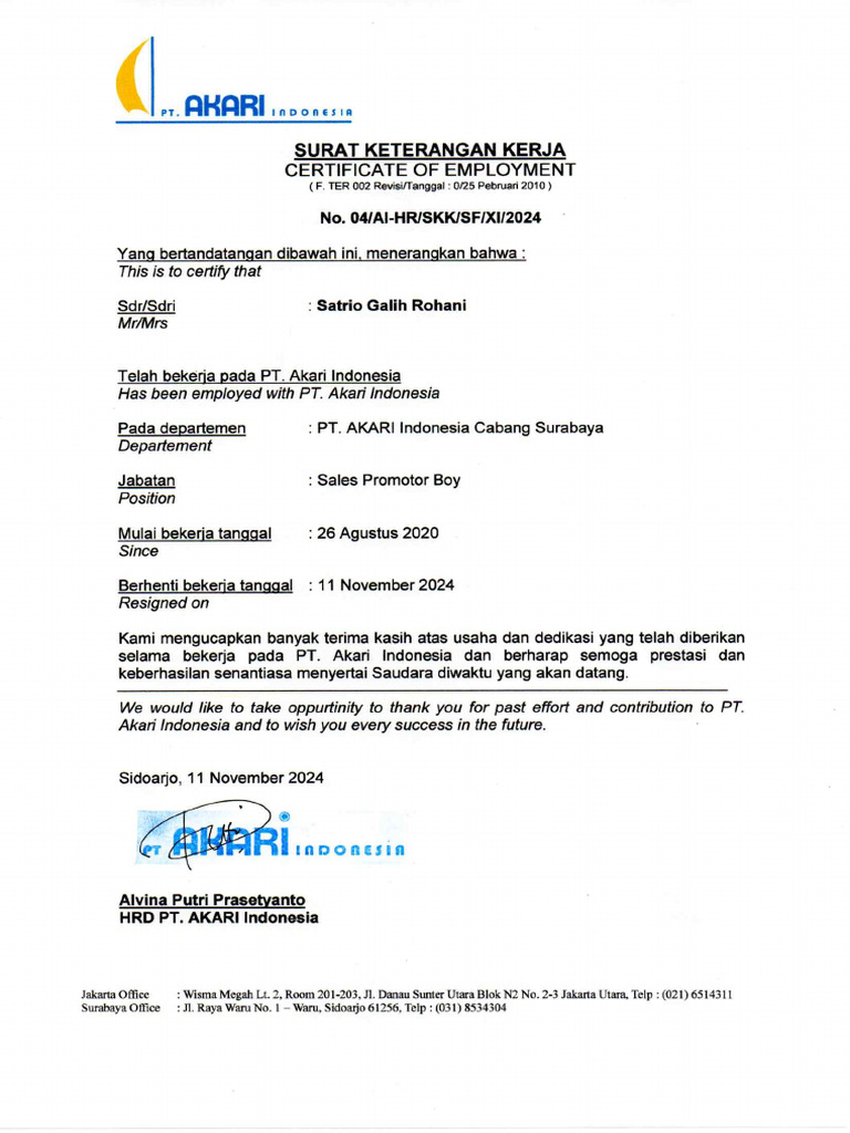 Surat Referensi Satrio Galih Rohani - SPB Surabaya | PDF