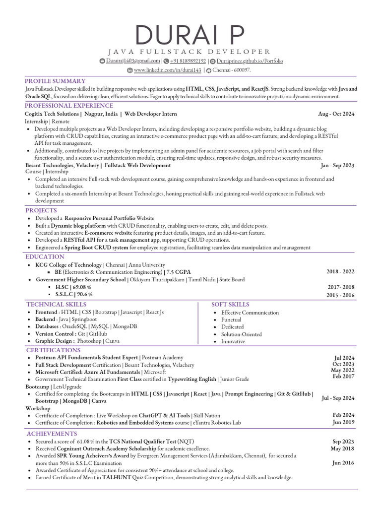 Durai P - Java Fullstack Developer | PDF | Web Development | World Wide Web