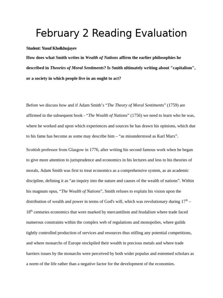February 2 Reading Evaluation Yusuf Kholkhujayev Pdf Adam Smith