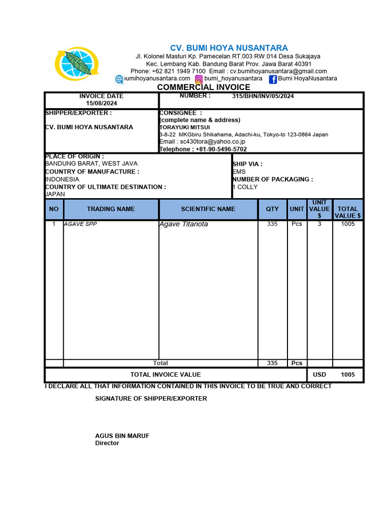 Invoice Dan Packing List Miyagawa Gouki | PDF
