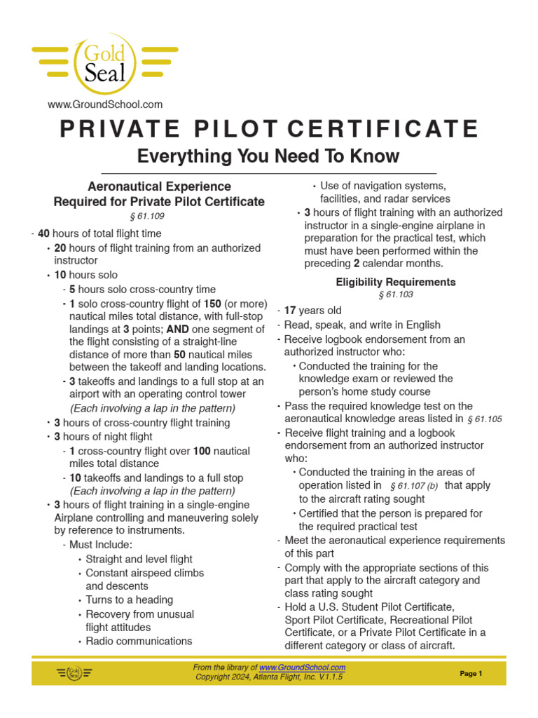 Private Pilot One Sheet Gold Seal | PDF | Airspeed | Instrument Flight ...