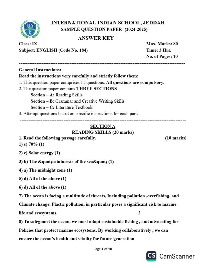 Sample Question Paper - Grade Ix (Answe Key) | PDF | Oceans