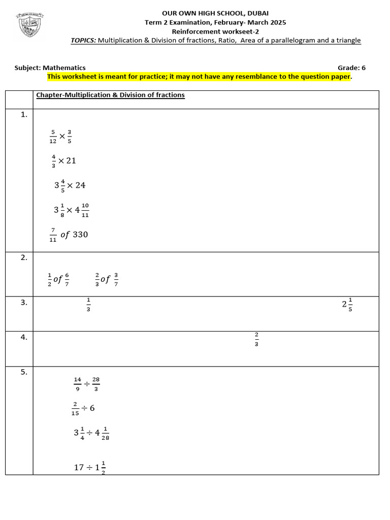 Grade6_Term2 Math Reinforcement Worksheet 2 | PDF | Area | Ratio