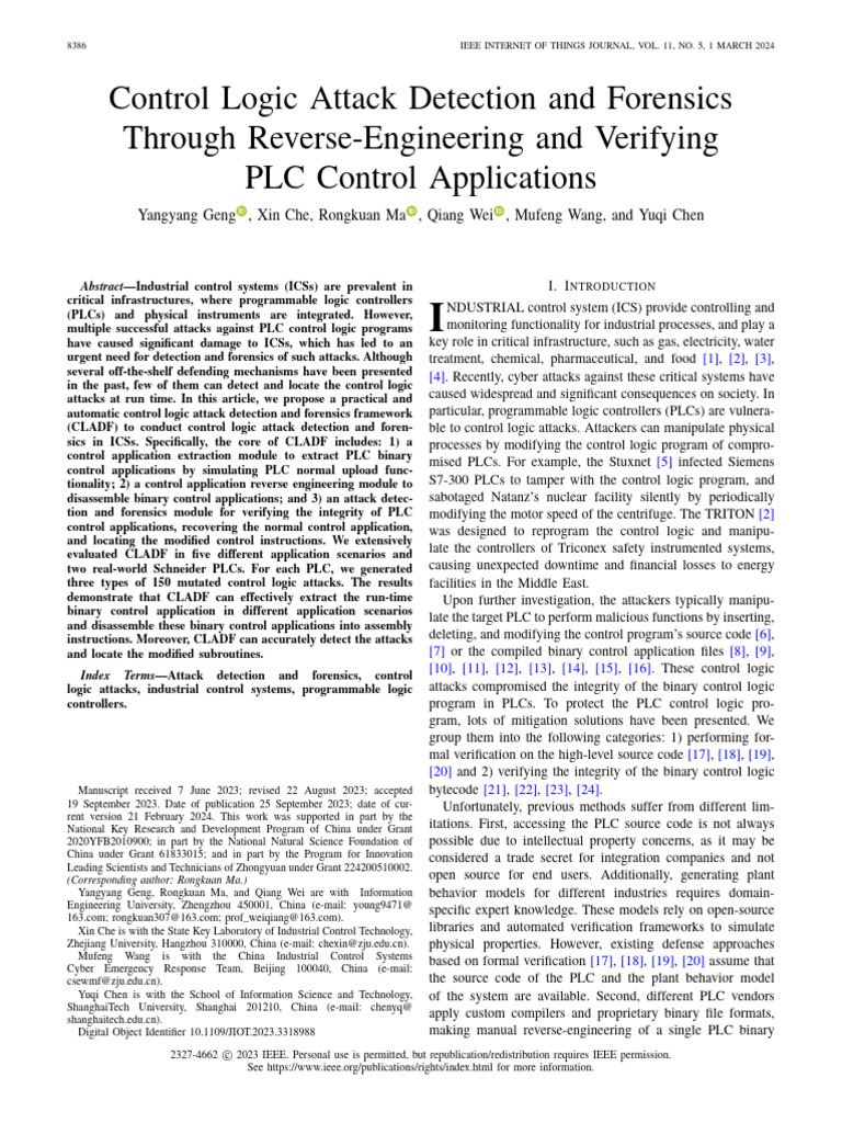 Control Logic Attack Detection and Forensics Through Reverse-Engineering and Verifying PLC ...