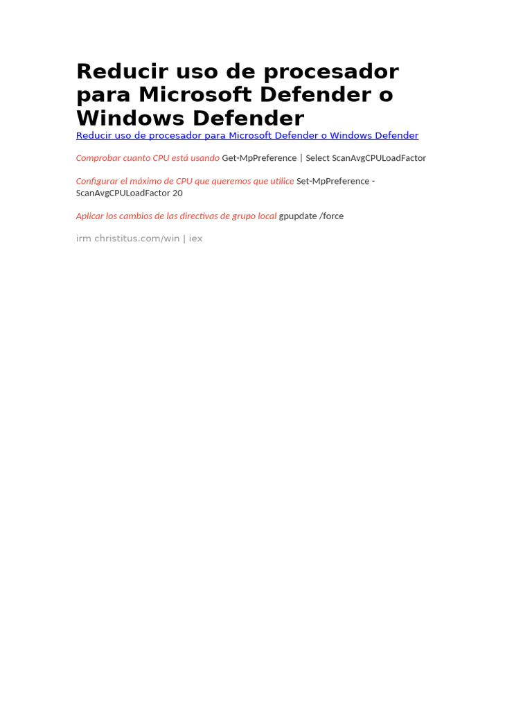 Reducir Uso de Procesador para Microsoft Defender o Windows Defender | PDF
