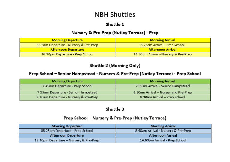 NBH Shuttle Schedule for Prep Students | PDF