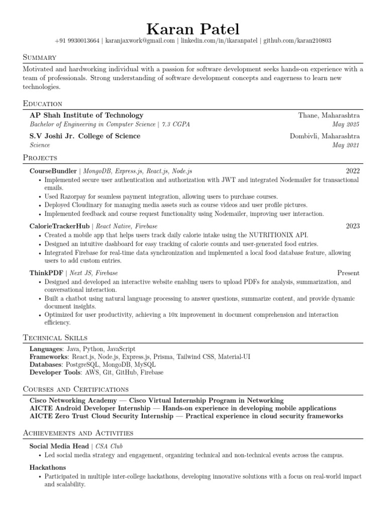 Karan Resume Pdf Databases Cloud Computing
