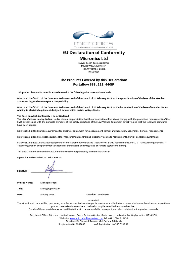 EU Declaration of Conformity for Micronics | PDF | Electromagnetic ...