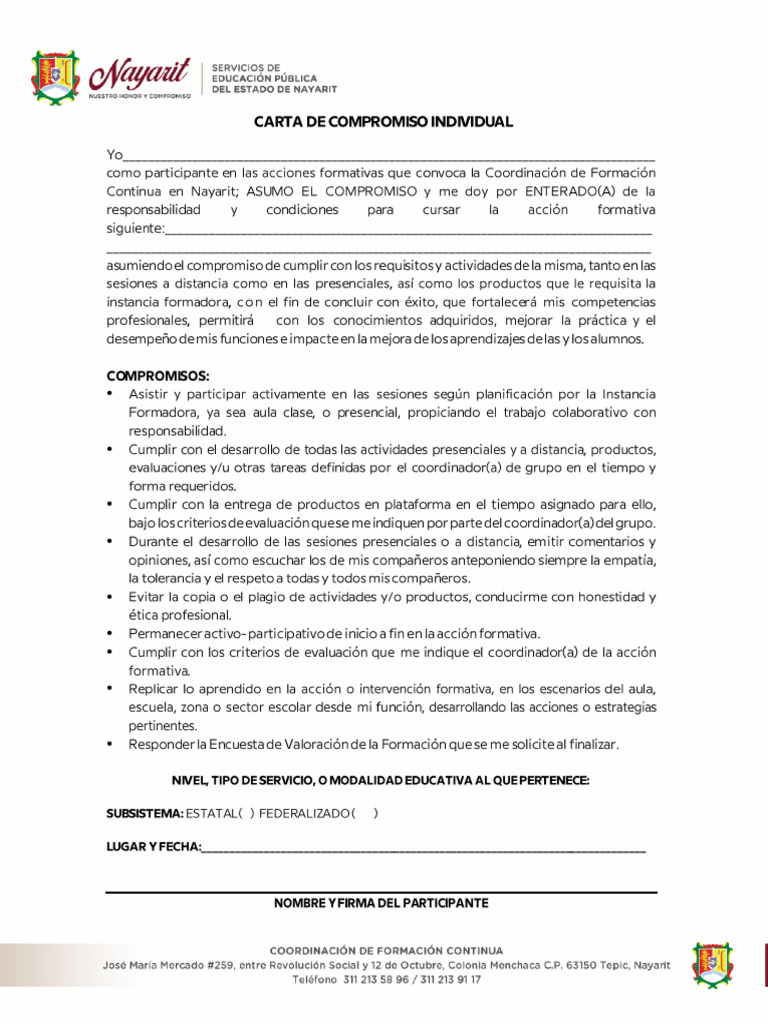 Carta de Compromiso Individual 2023 | PDF