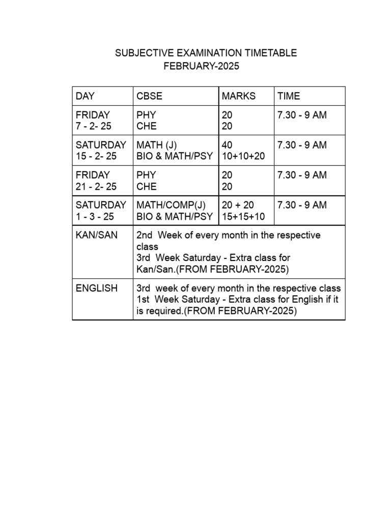 Subjective Examination Timetable-feb.2025 | PDF