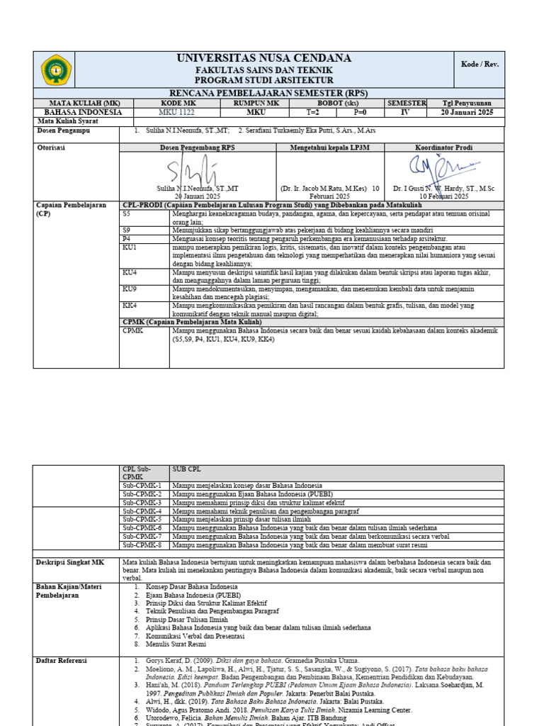 RPS Bahasa Indonesia 2025 | PDF