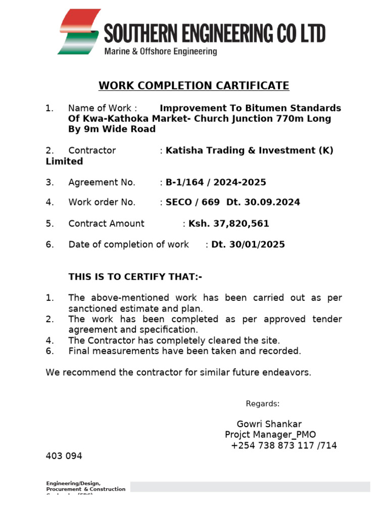 Completion Certificate for Road Improvement | PDF