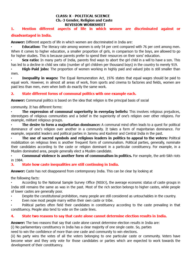 CH.3 POL. SCI. WORKSHEET.docx | PDF | Woman | Discrimination