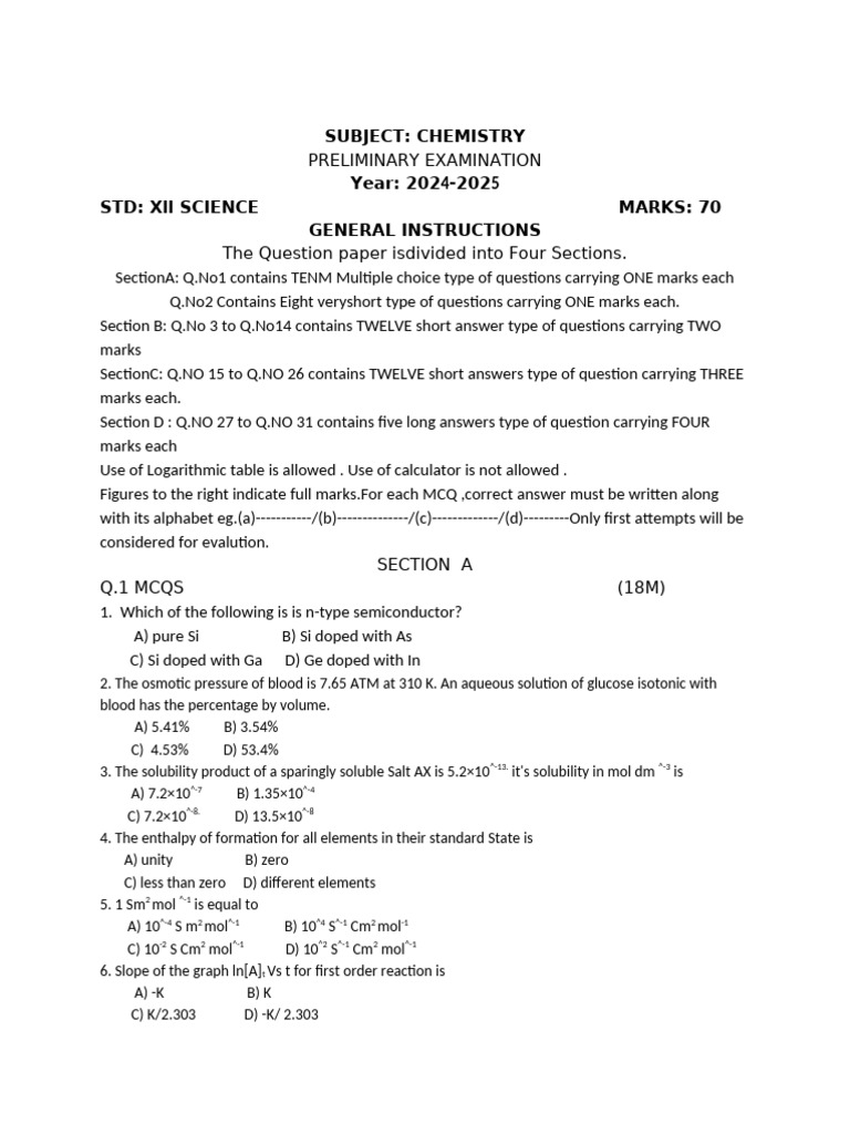 XllSCI Chem Preliminary Exam | PDF | Chemical Reactions | Acid