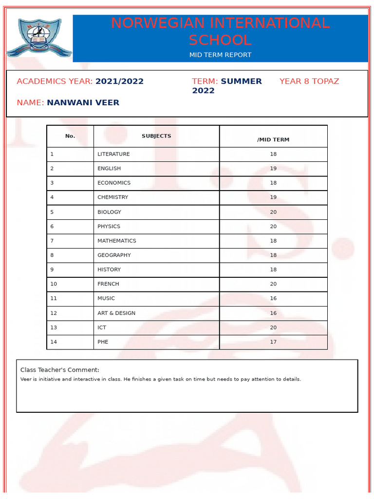 Nanwani Veer Summer 2022 Mid Term 2018 2019 Year 8 Topaz | PDF