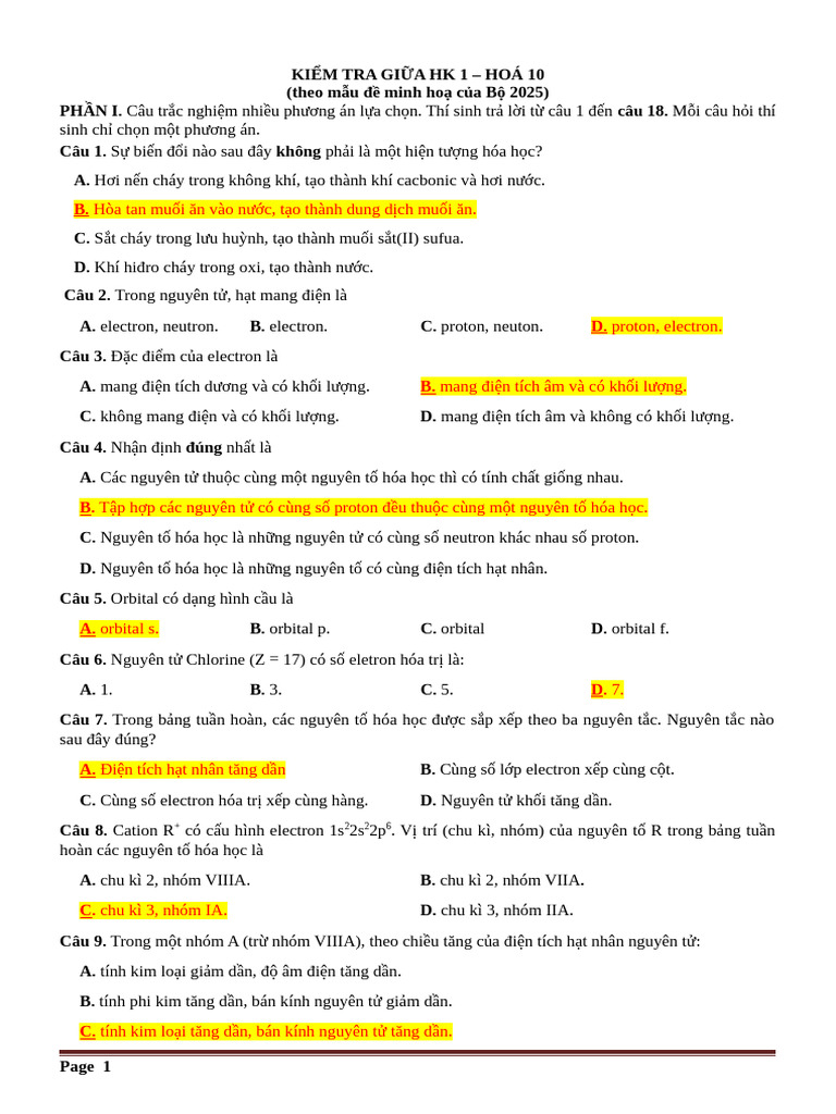 GHK 1 - Hóa 10-P | PDF