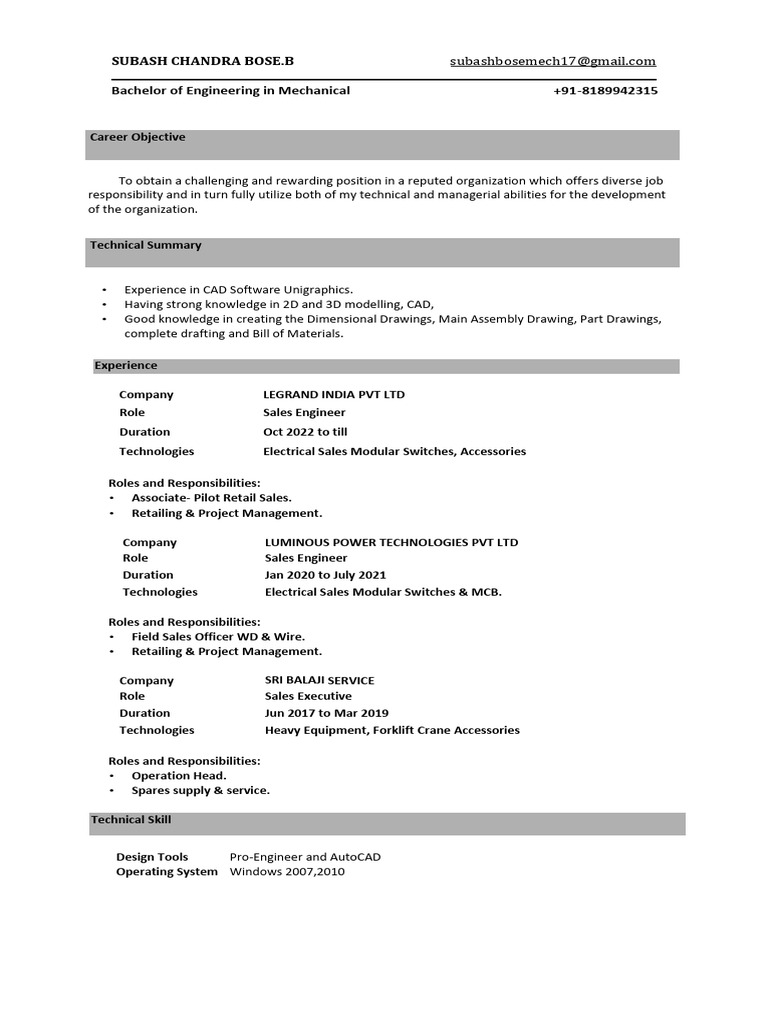 Subash Chandra Bose Resume - Legrand | PDF | Engineering | Mechanical Engineering