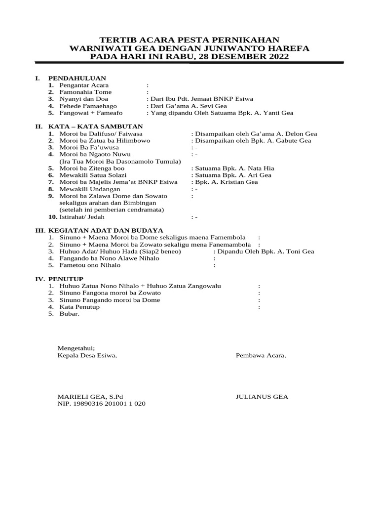 Tertib Acara Pernikahan Gea-Harefa | PDF