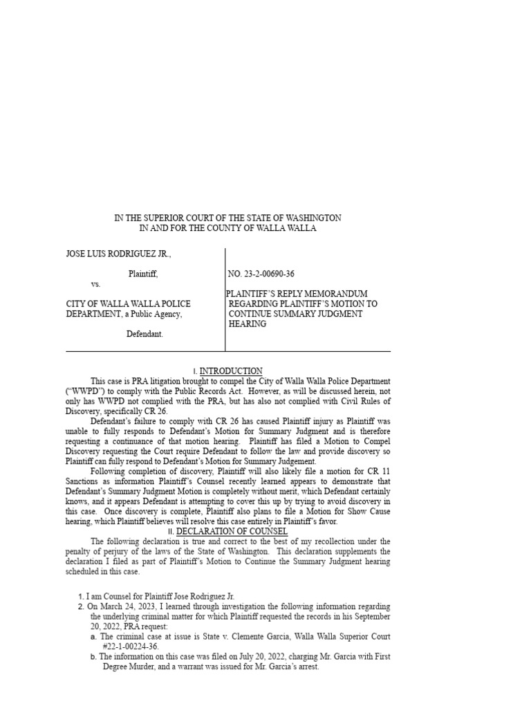 Jose Rodriguez Jr. v. Walla Walla Police Department, Motion To Continue ...