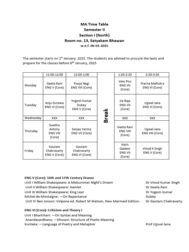 Ma Time Table Semester I | PDF | William Shakespeare | Postcolonialism