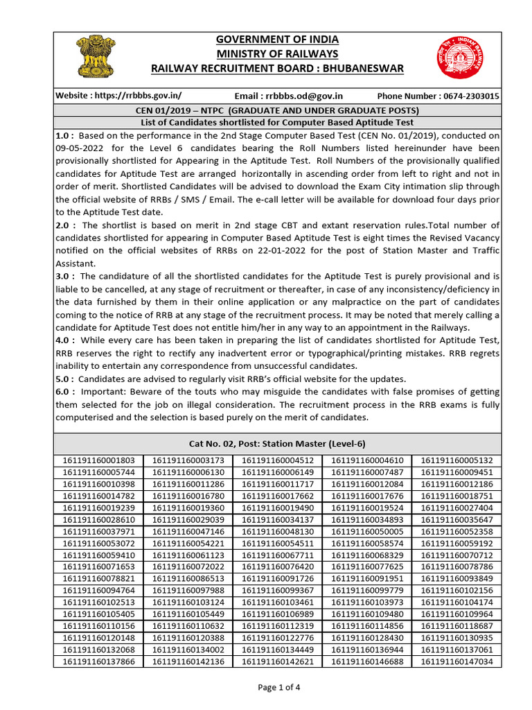 Result and Cutoff Marks of CBT 2 For CBAT Station Master Cat 2 CEN 01 ...