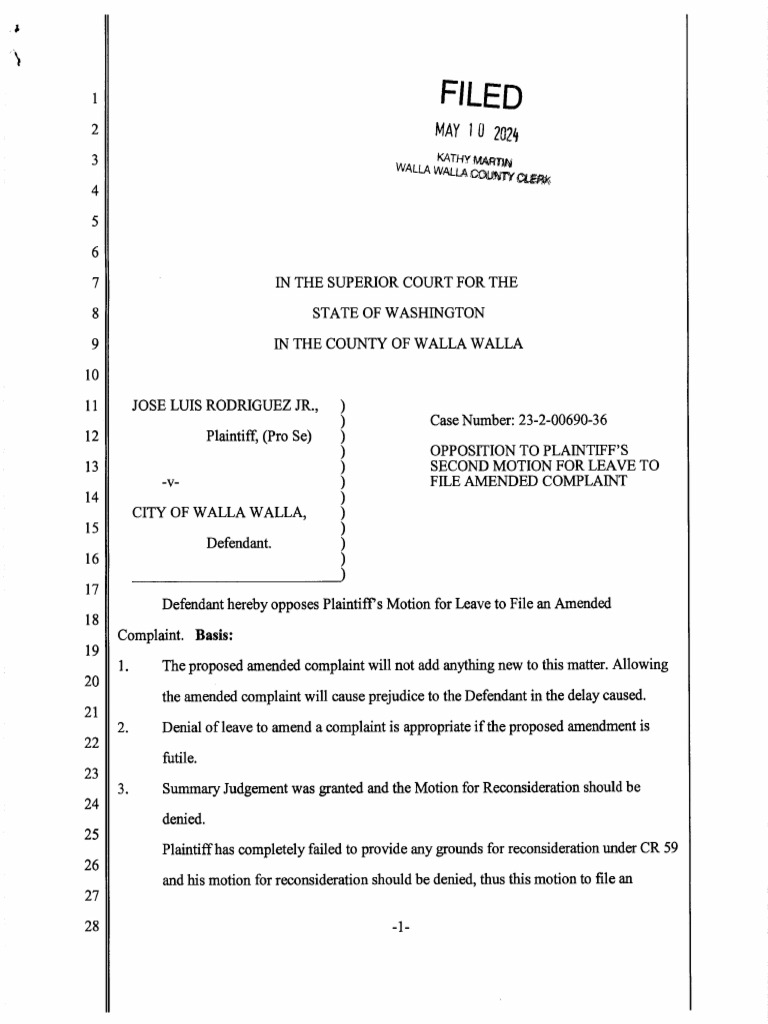 Jose Rodriguez Jr. v. Walla Walla Police Department, Opposition To Plaintiffs Second Motion For ...