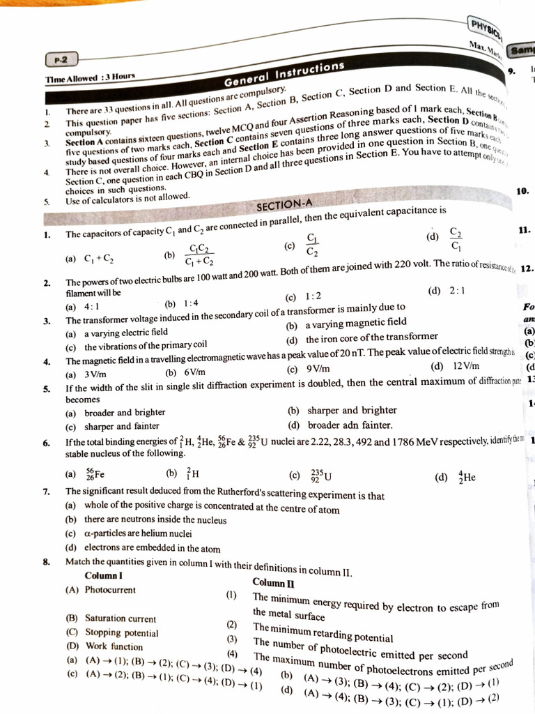 Physics Sample Paper with 33 Questions | PDF | Atomic Nucleus | Diffraction