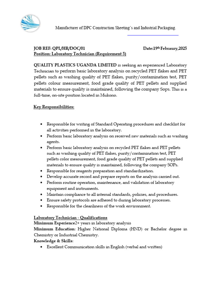 Laboratory Technician Job at Quality Plastics | PDF | Laboratories