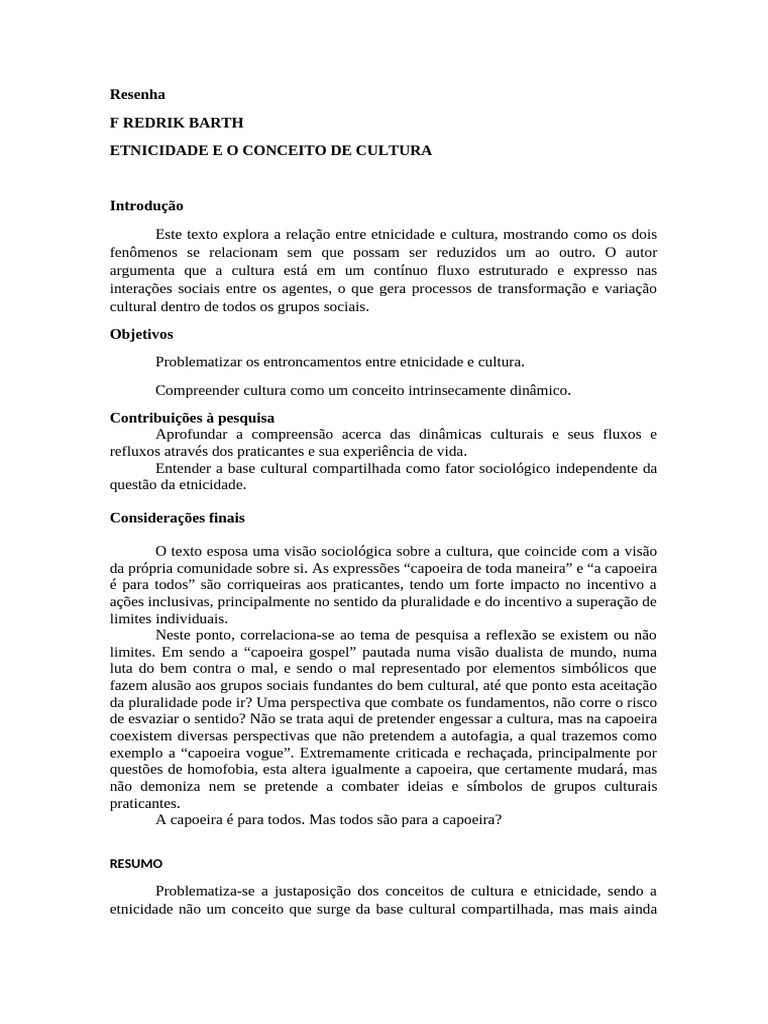 Resenha Etnicidade e Cultura Barth | PDF | Etnia | Estado
