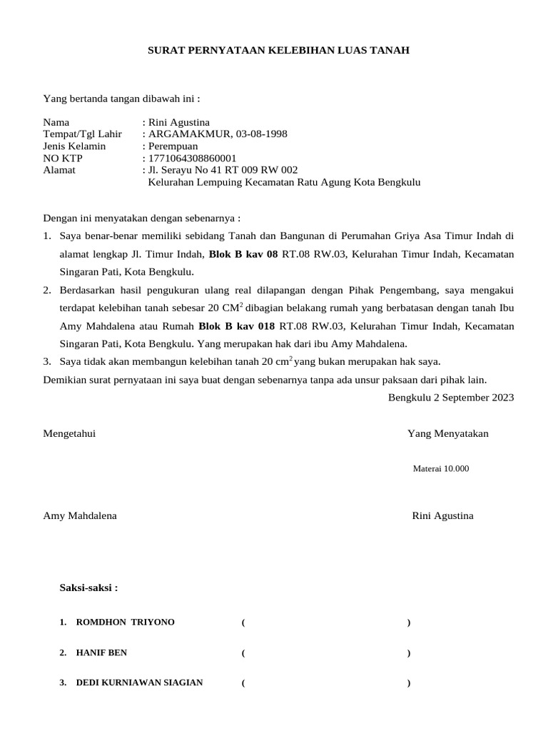 Format Surat Pernyataan Kelebihan Luas Tanah | PDF