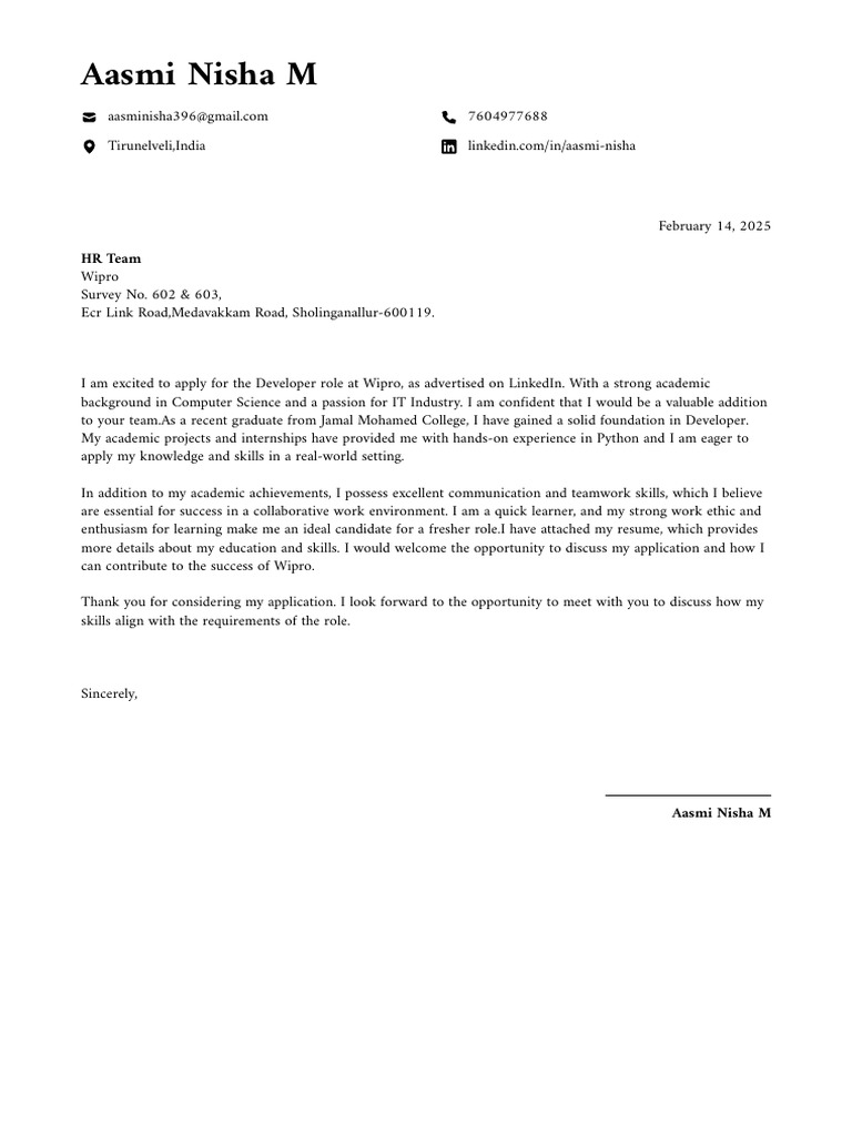 Aasmi Nisha Cover-Letter (Wipro) | PDF